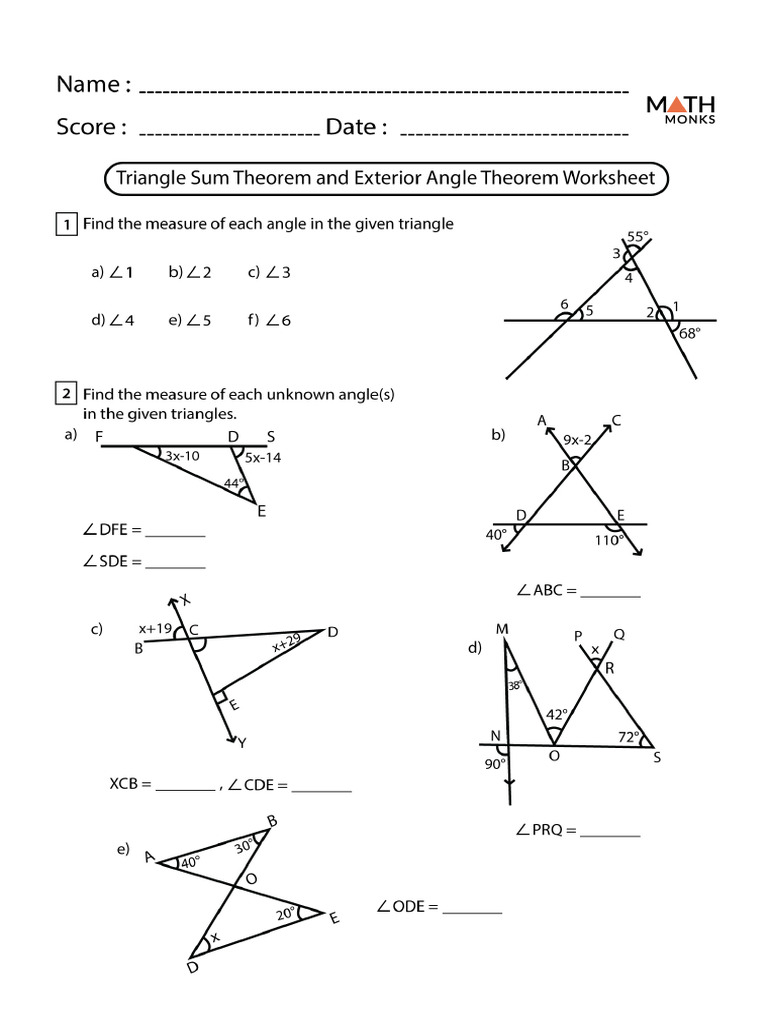 Triangle Sum and Exterior Angle Theorem Worksheet | PDF