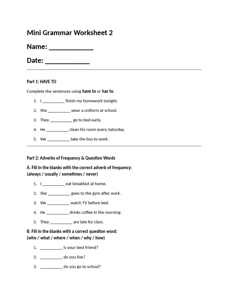 Mini Grammar Worksheet 2 | PDF
