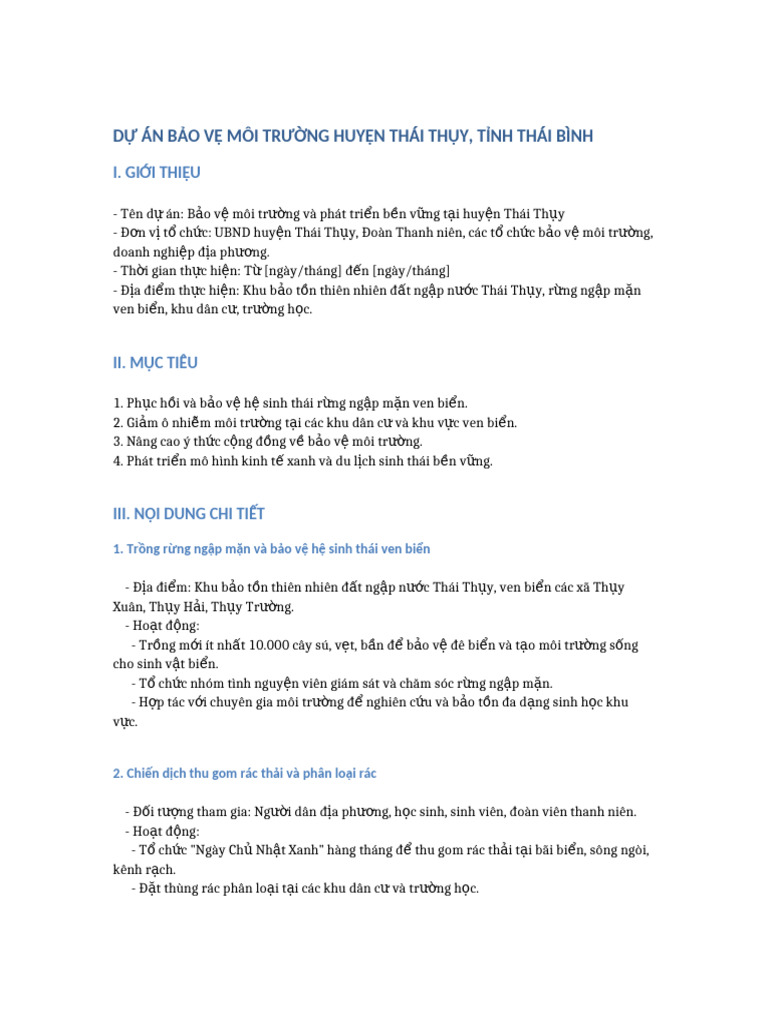 Du An Bao Ve Moi Truong Thai Thuy | PDF