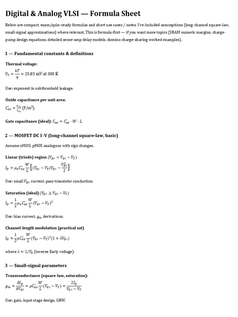 VLSI MOSFET Formula Sheet | PDF | Mosfet | Logic Gate
