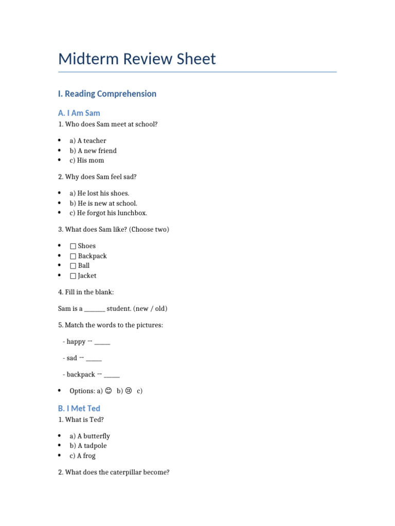 Midterm Review Sheet for Reading & Vocabulary | PDF