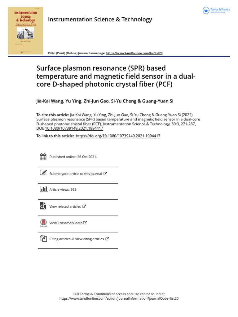 Surface Plasmon Resonance SPR Based Temperature and Magnetic Field Sensor in A Dual Core D ...
