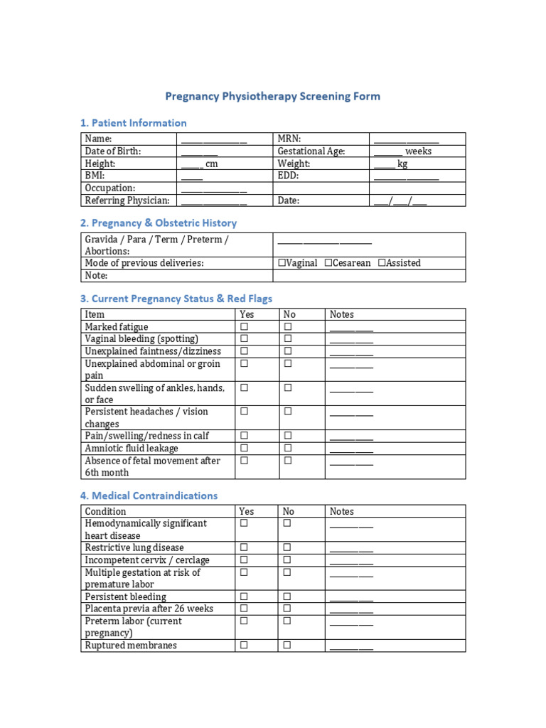 Pregnancy Physiotherapy Screening Form | PDF | Pregnancy | Preterm Birth