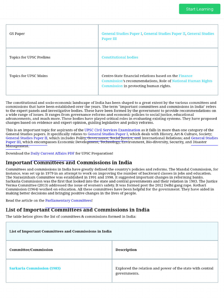 List of Important Committees and Commissions in India UPSC Notes | PDF