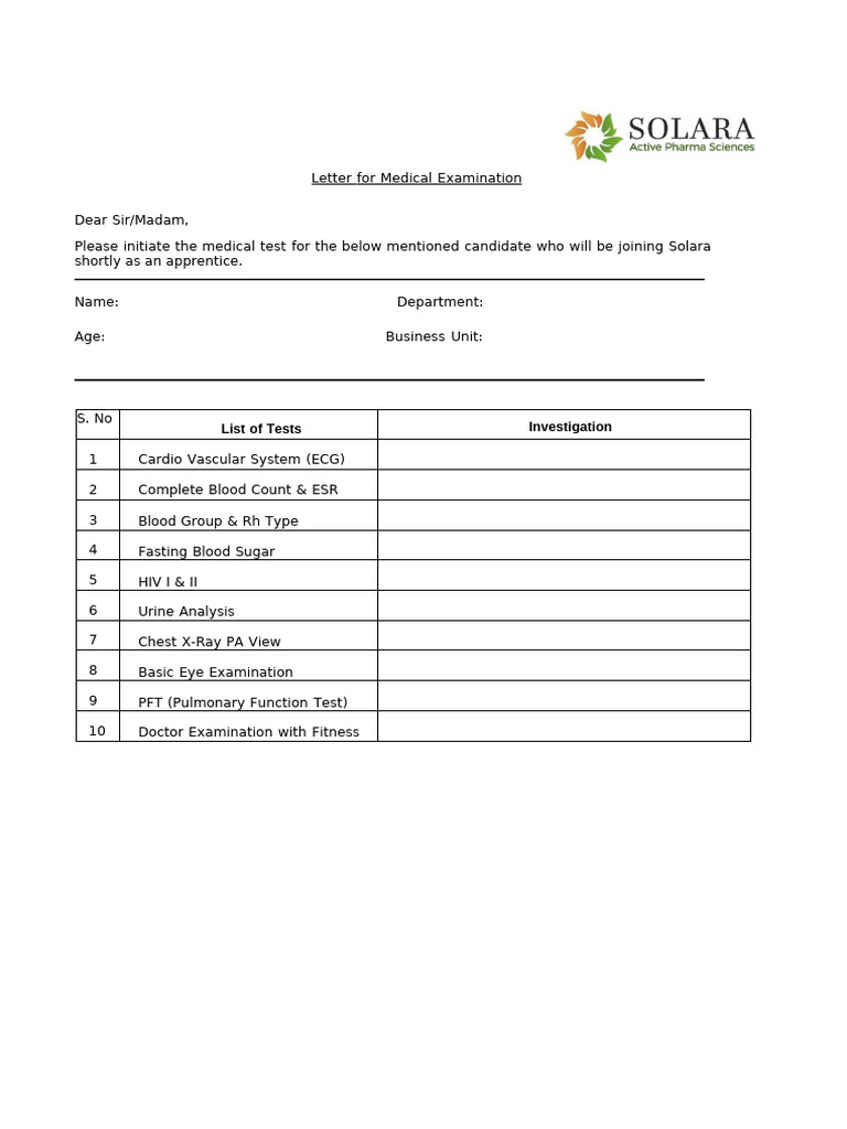 Pre Medical Test Parameters For Apprentice | PDF