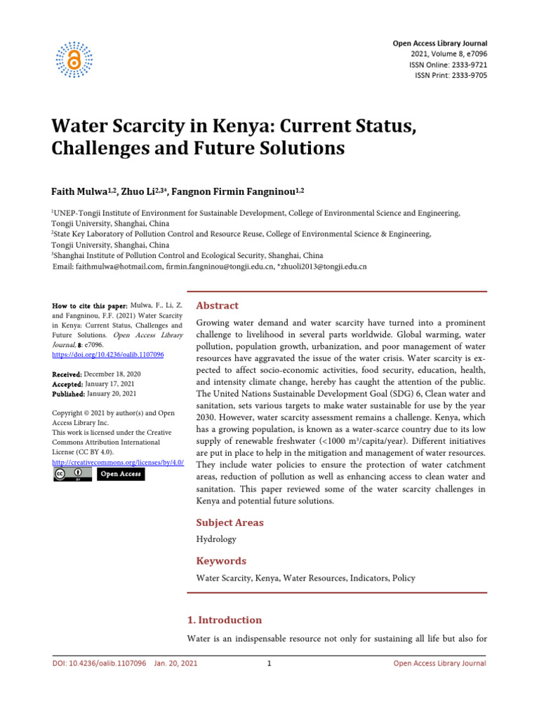Water Scarcity in Kenya: Current Status, Challenges and Future ...