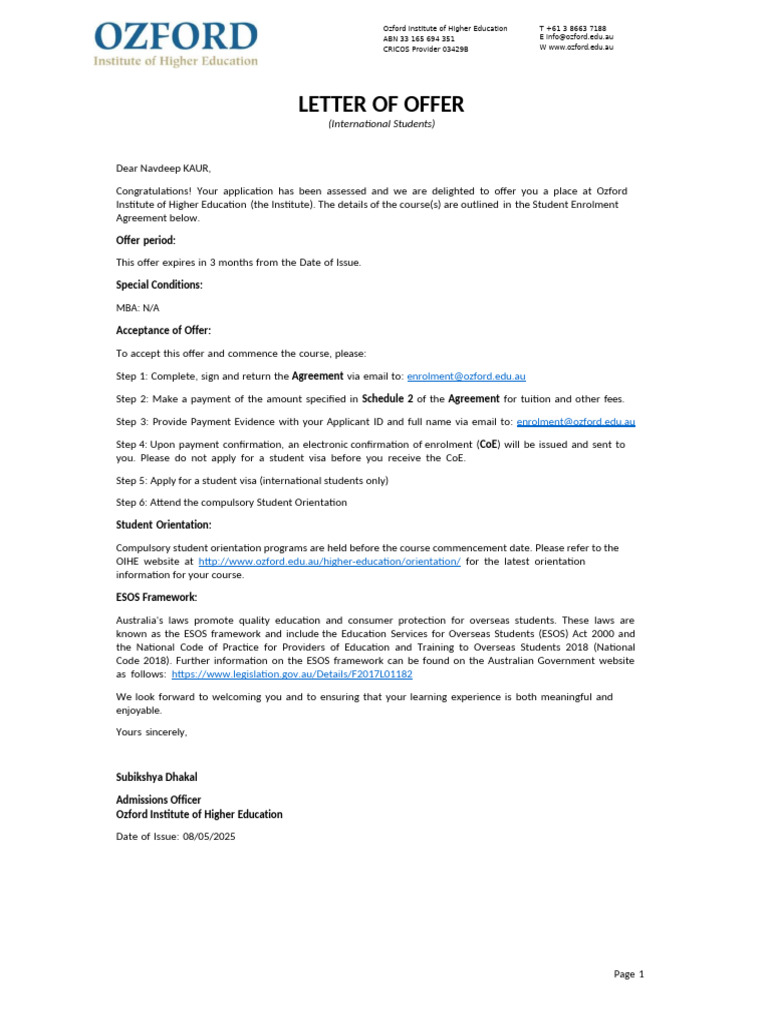 Ozford MBA Offer Letter for Navdeep Kaur | PDF | Cost Of Living
