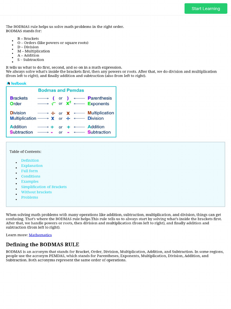 BODMAS Rule Definition, Full Form, Explanation & Examples - Testbook | PDF