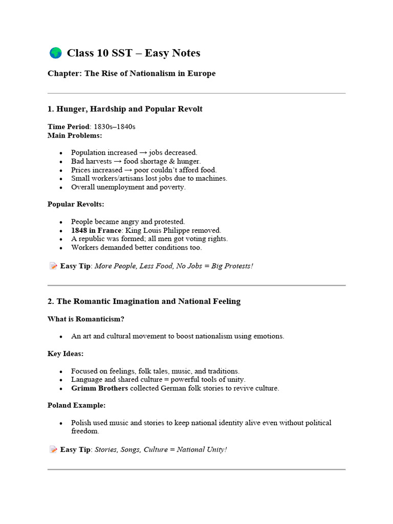 Nationalism in Europe: Class 10 SST Notes | PDF
