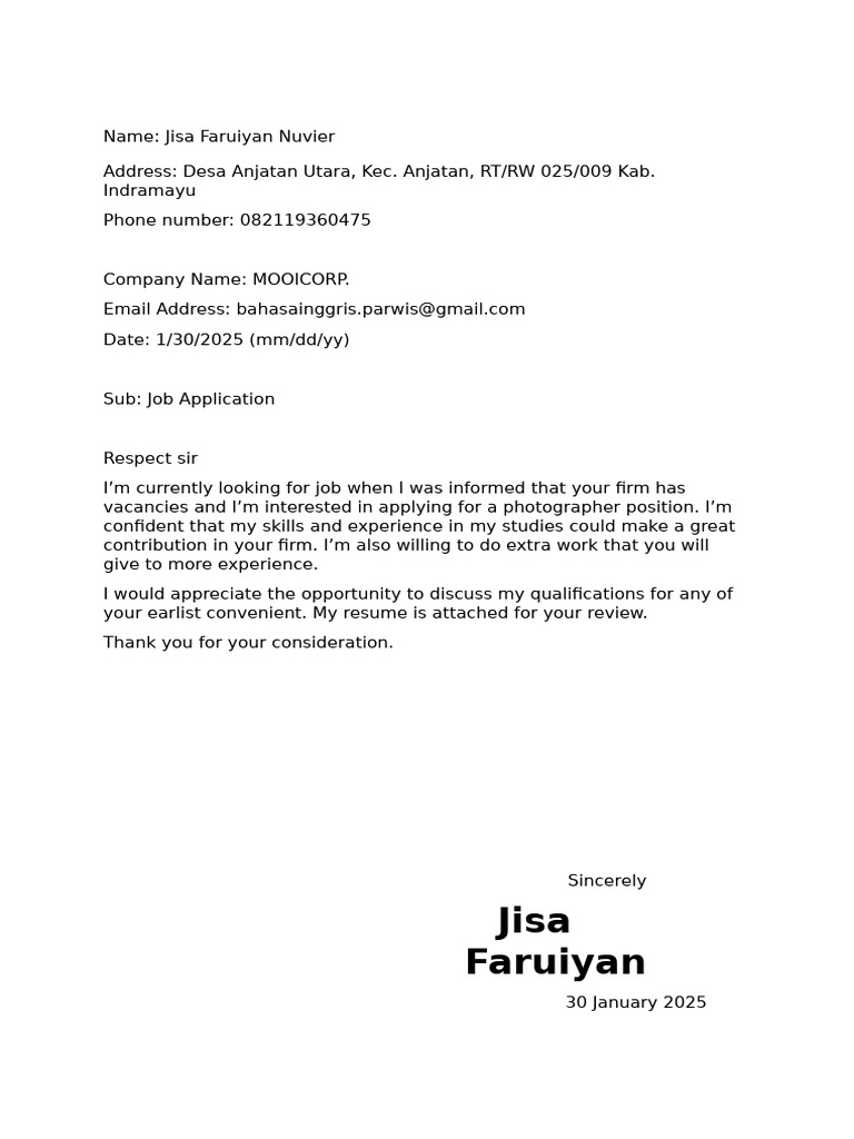 Application Letter (Jisa Faruiyan) | PDF