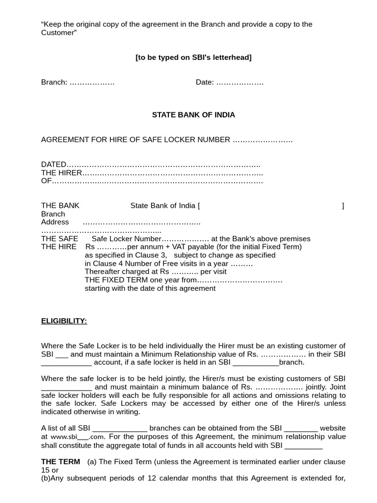 SBI Safe Locker Agreement Details | PDF | Insolvency | Bankruptcy