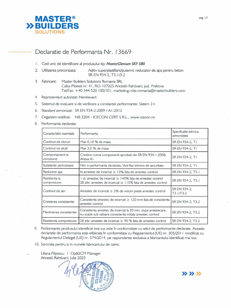 DoP MasterGlenium SKY 580 Aditiv Superplastifiant RO 2023 | PDF