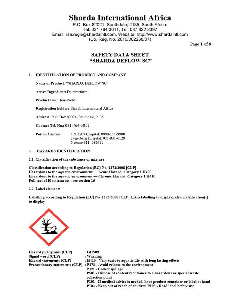 Sharda Deflow SC Sds MSDS | PDF | Toxicity | Hazardous Waste
