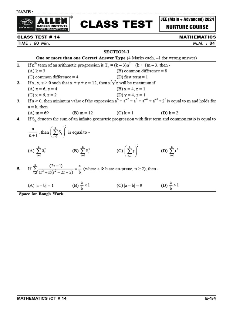 14 Class Test Sequence Ser (N-ToPS, TNPS) | PDF | Mathematical Objects ...