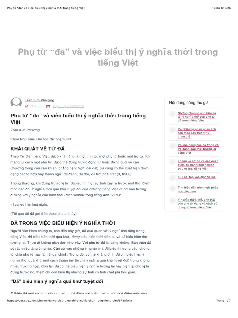 Phụ Từ "Đã" Và Việc Biểu Thị Ý Nghĩa Thời Trong Tiếng Việt | PDF