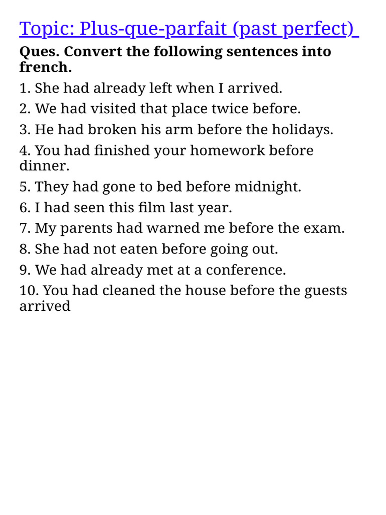 Topic - Plus-Que-Parfait (Past Perfect) | PDF