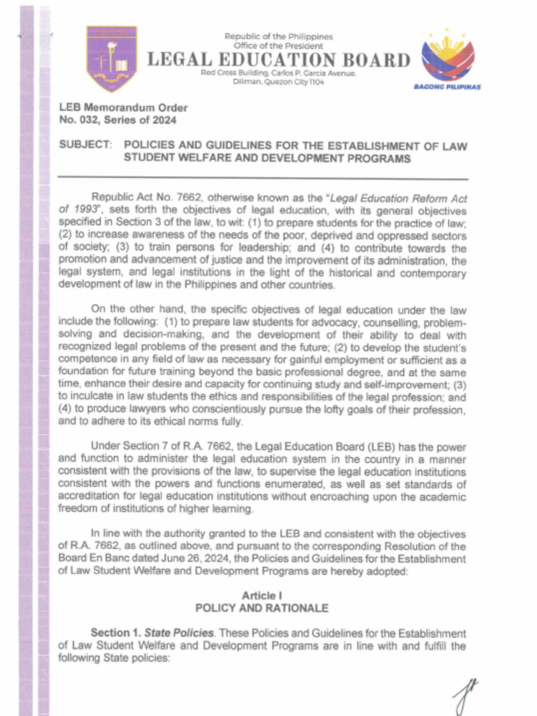 LEBMO-No.32 Policies and Guidelines For The Establishment o Law Student Welfare and Development ...