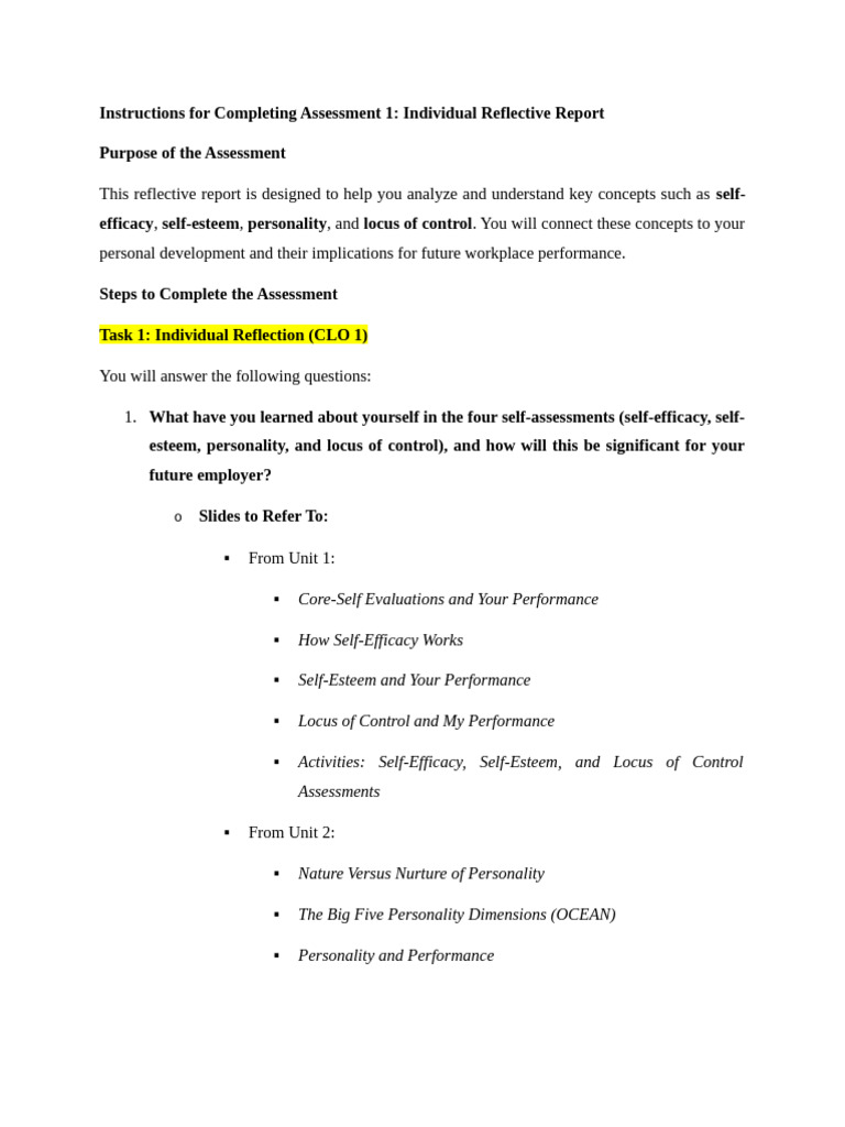 Instructions For Completing Assessment | PDF | Self Esteem | Self Efficacy