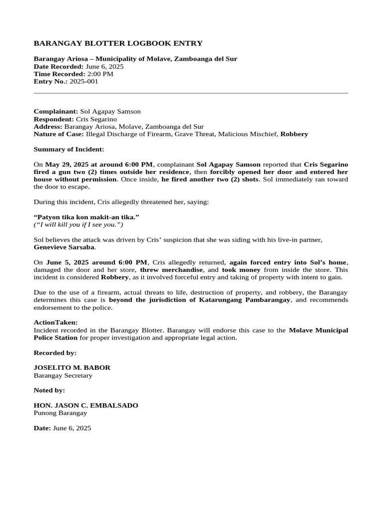 Blotter Entry No. 2025-0606-001 | PDF