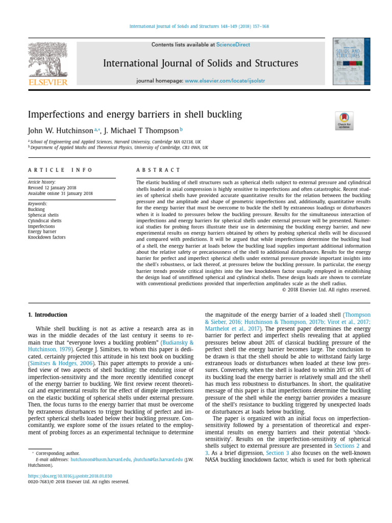 Imperfections and Energy Barriers in Shell Buckling | PDF | Buckling ...