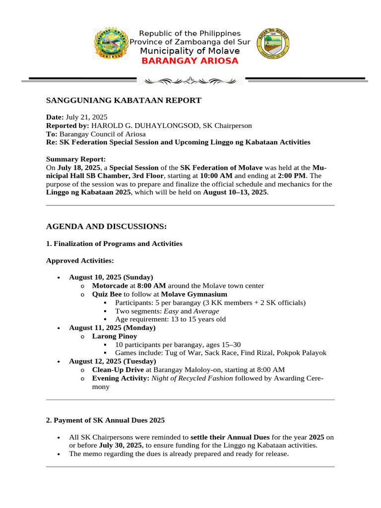 SK Federation Report: Linggo ng Kabataan 2025 | PDF