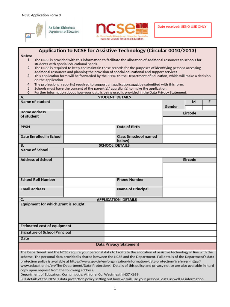 NCSE Assistive Technology Application Form | PDF | Autism | Learning ...