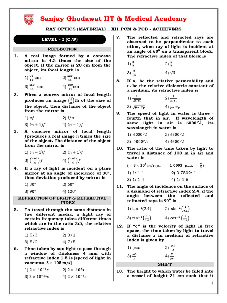 Ray Optics | PDF | Refraction | Refractive Index
