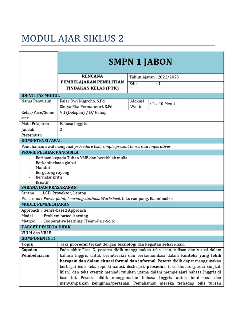 0 - Modul Ajar - Procedure Text - Siklus 2 | PDF
