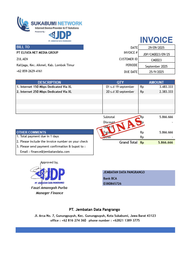 Invoice Lunas - XLSX - Bapak Zul Aen September 2025 | PDF