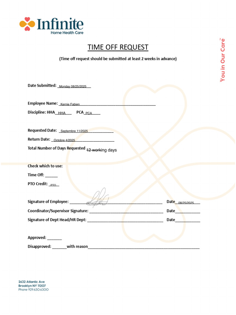 Time Off Request: 12 Working Days | PDF