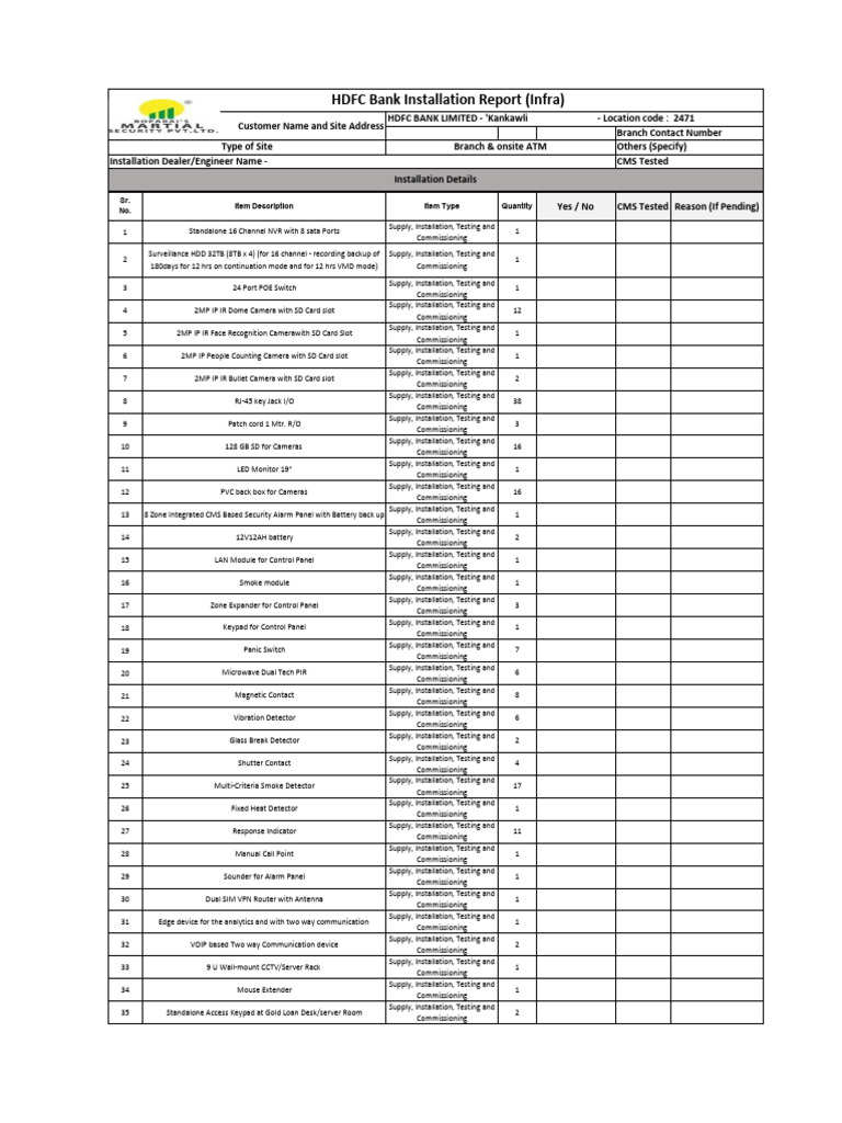 HDFC BANK LIMITED Installation Report - Kankawli | PDF | Security Alarm