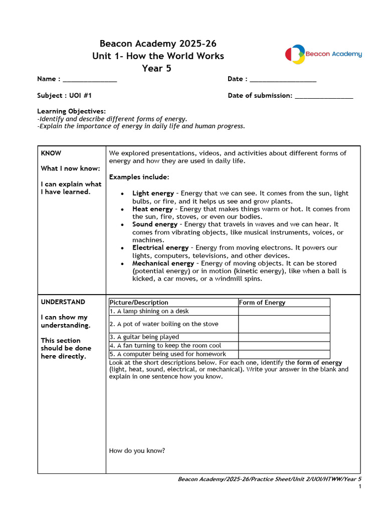 #1 UOI Practice Sheets Y5 | PDF | Light | Sound