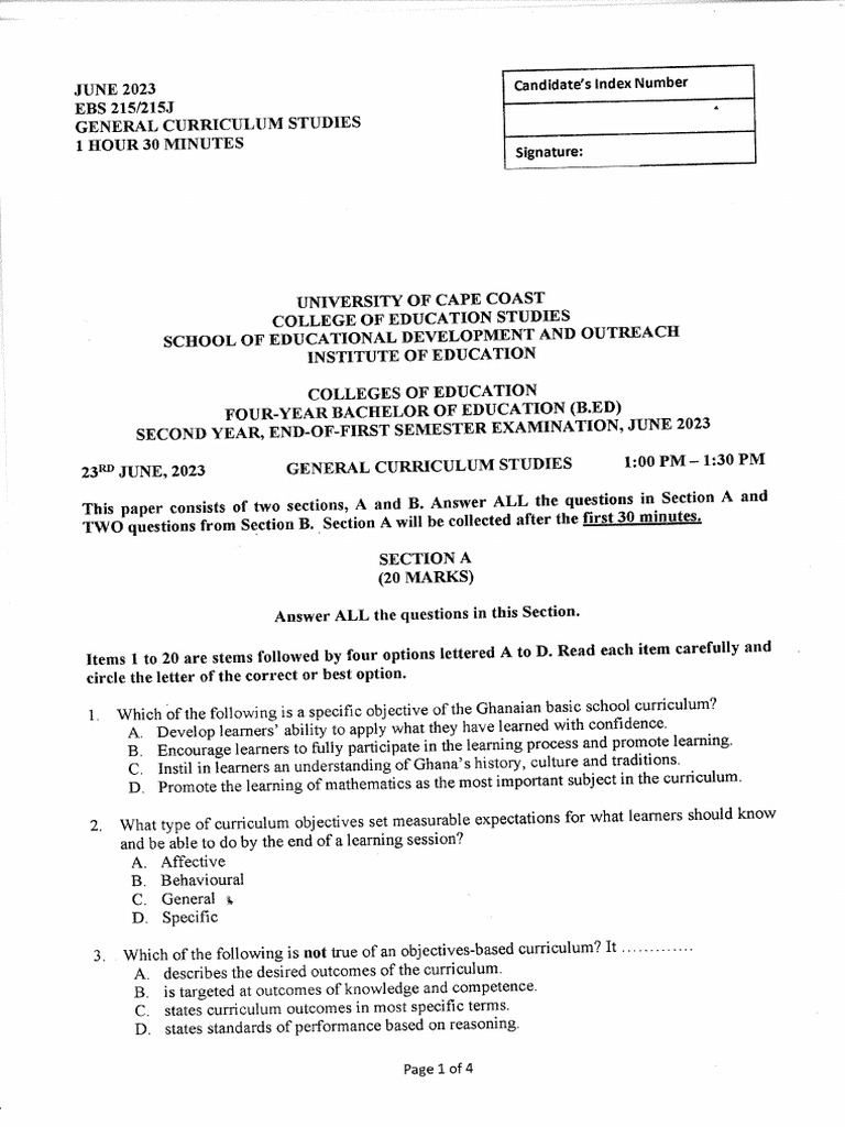 General Curriculum Studies - 2023 End of Sem - Sect A | PDF
