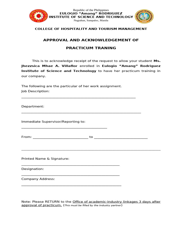Practicum Training Approval Acknowledgment | PDF