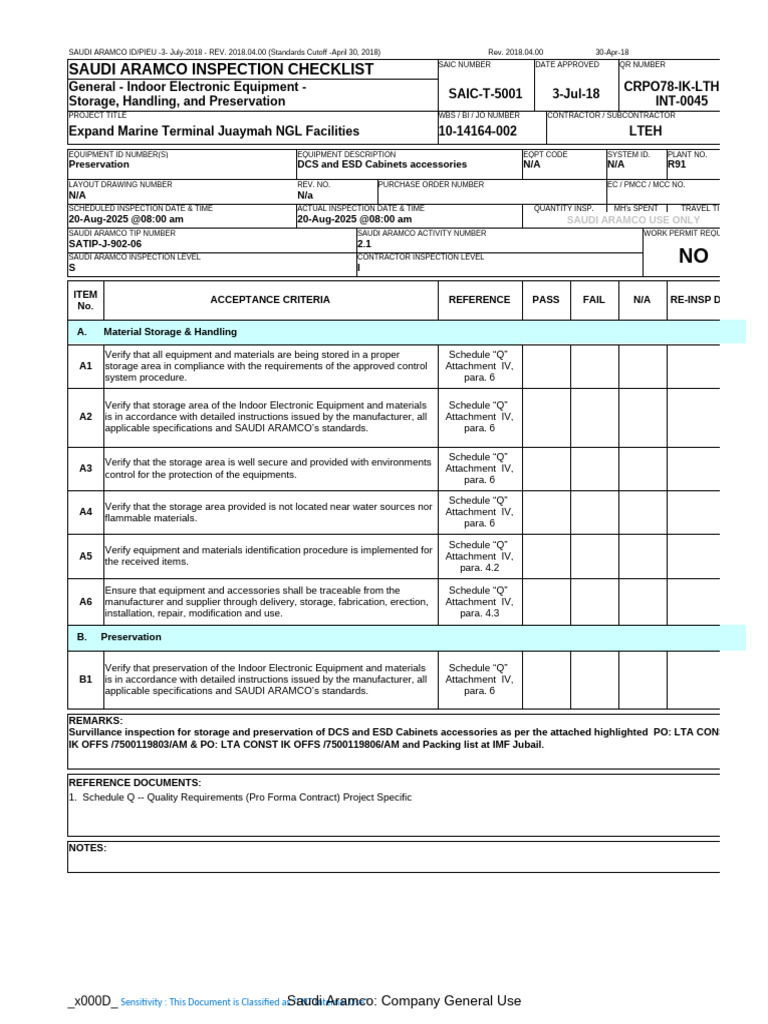 Saudi Aramco Inspection Checklist | PDF