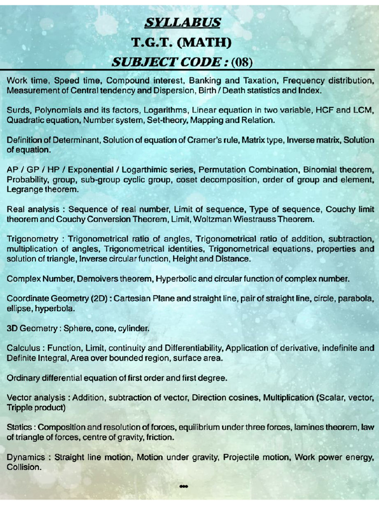 Up TGT PGT Math Syllabus in English | PDF