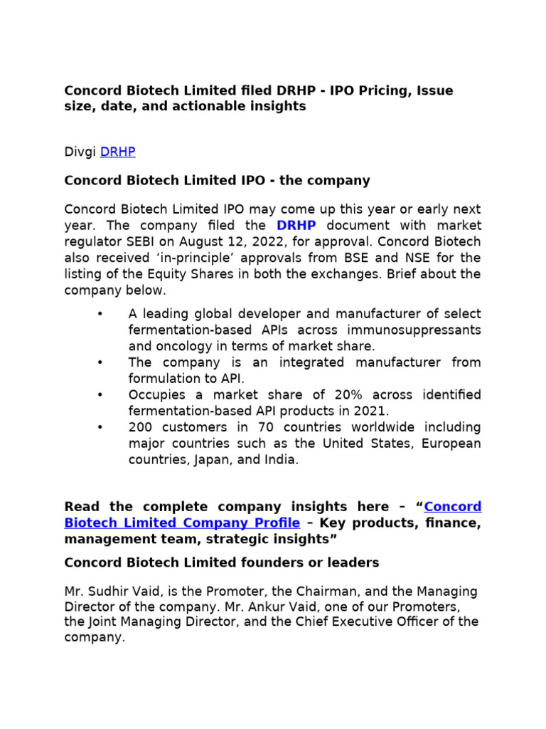 Concord Biotech IPO DRHP Overview | PDF | Initial Public Offering ...