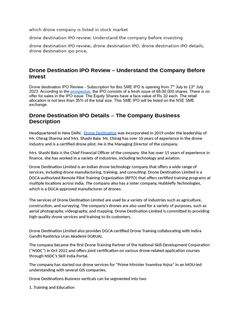 Drone Destination IPO Review | PDF | Initial Public Offering | Unmanned ...