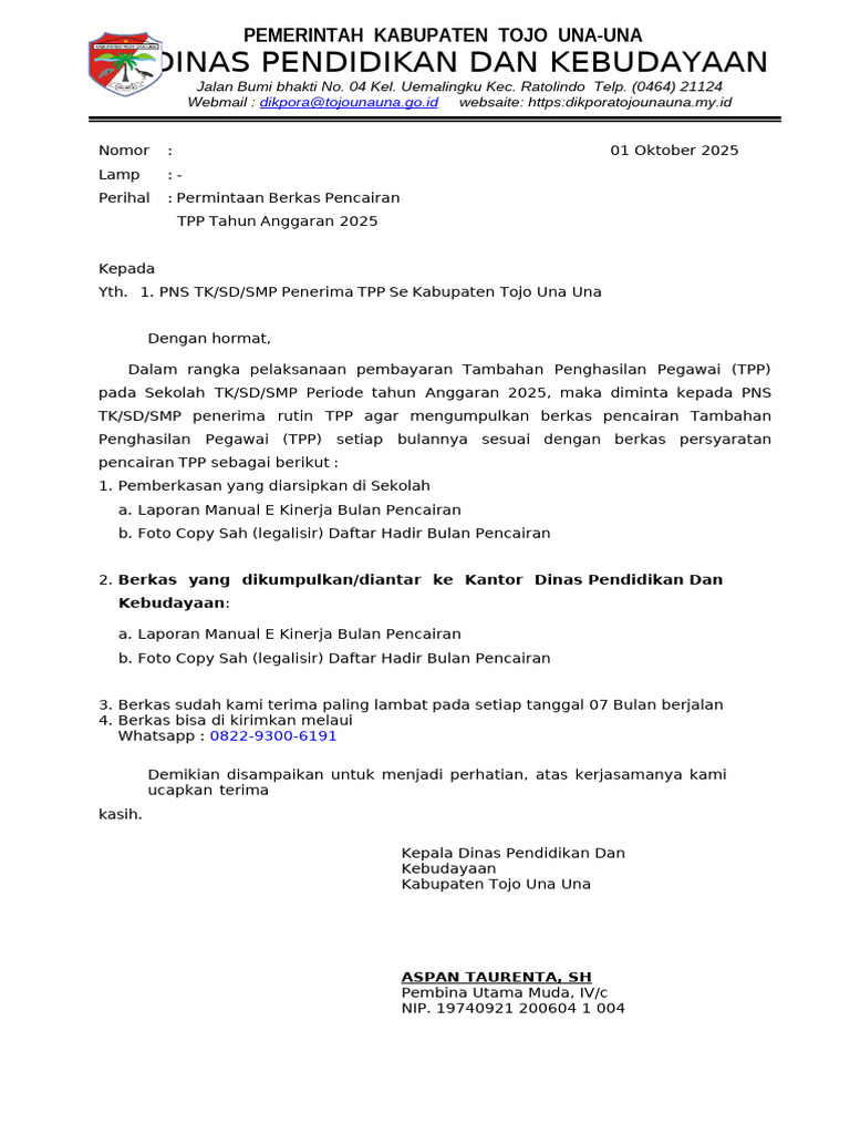 Permintaan Berkas Pencairan TPP | PDF