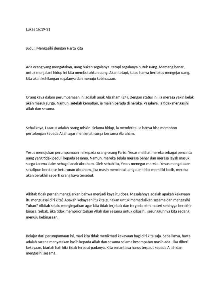 Mengasihi dengan Harta: Pelajaran Lukas 16 | PDF