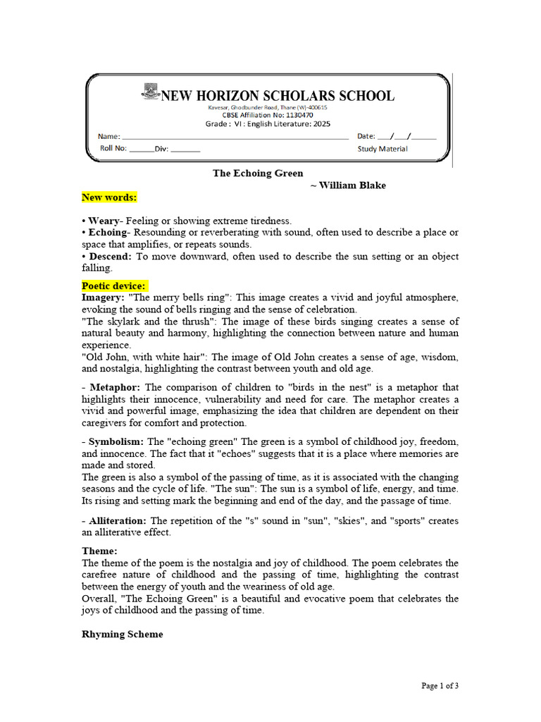 The Echoing Green Grade 8 | PDF | Happiness | Poetry