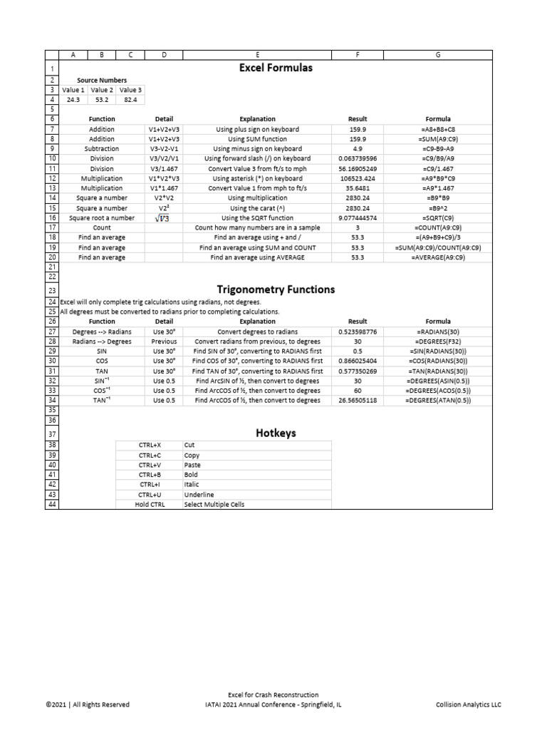 Excel Formulas for Crash Reconstruction | PDF | Mathematical Objects ...