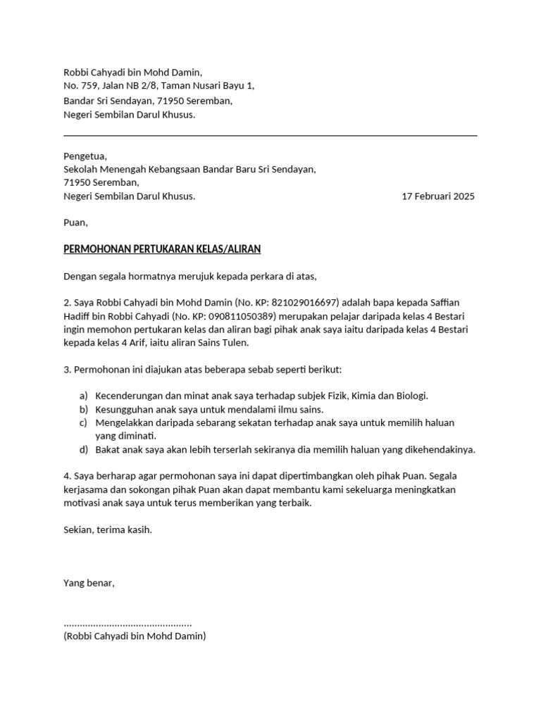 Surat Rasmi Tukar Aliran | PDF