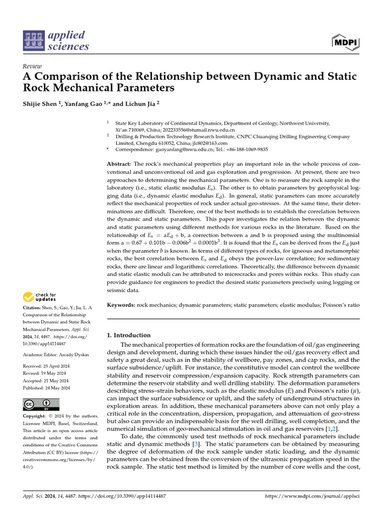 2024 - Shen, A Comparison of The Relationship Between Dynamic and Static Rock Mechanical ...