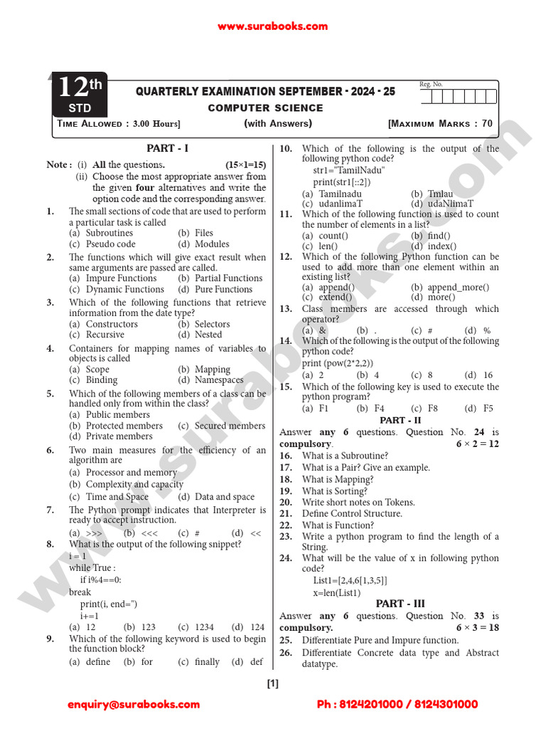 12th Std Computer Science Exam Paper | PDF | Parameter (Computer ...