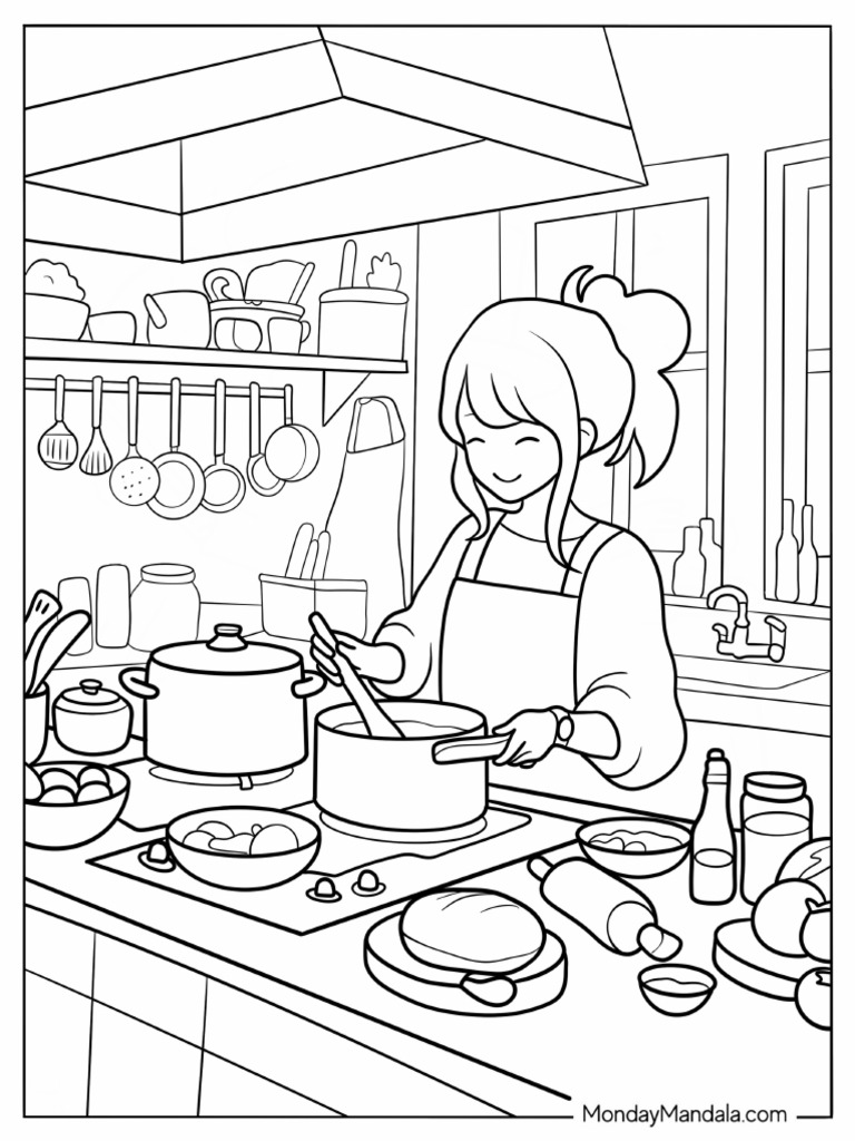 Woman Cooking in The Kitchen Coloring Page For Kids | PDF
