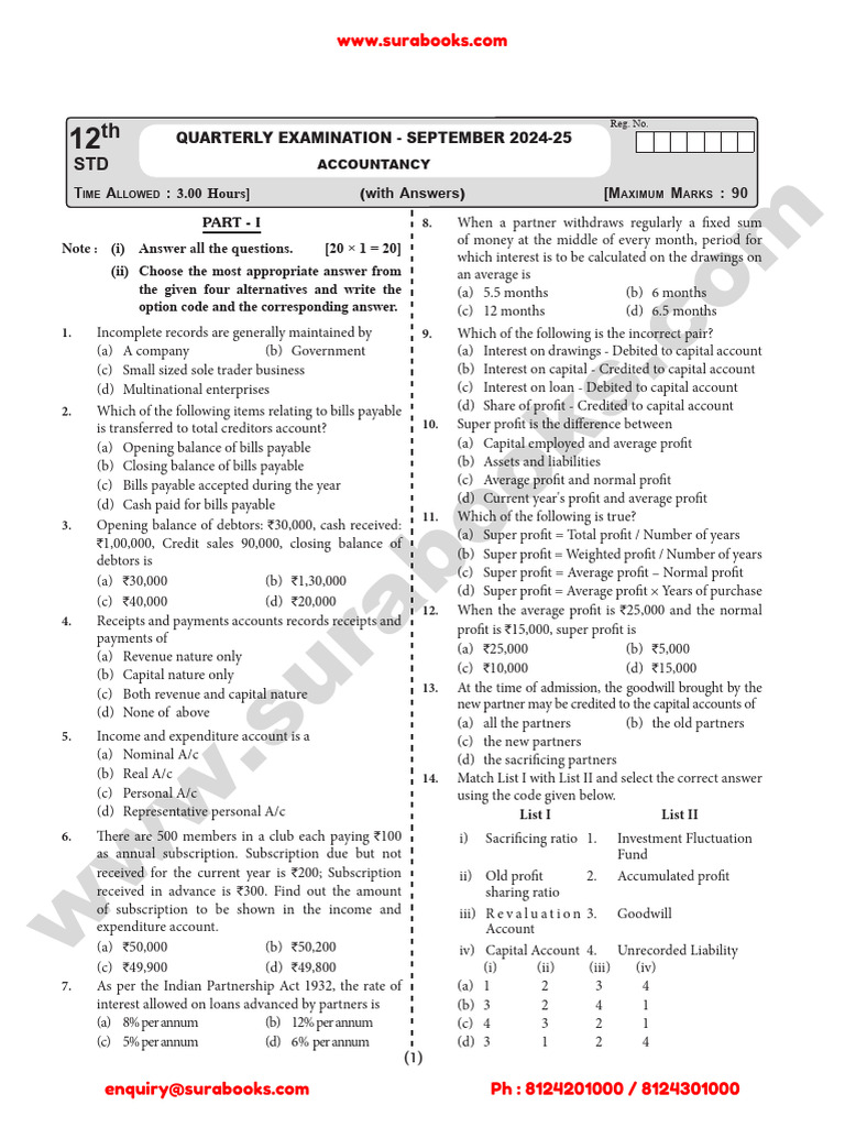 12th STD Acountancy EM Quarterly Exam Question Paper Answers 2024 | PDF ...