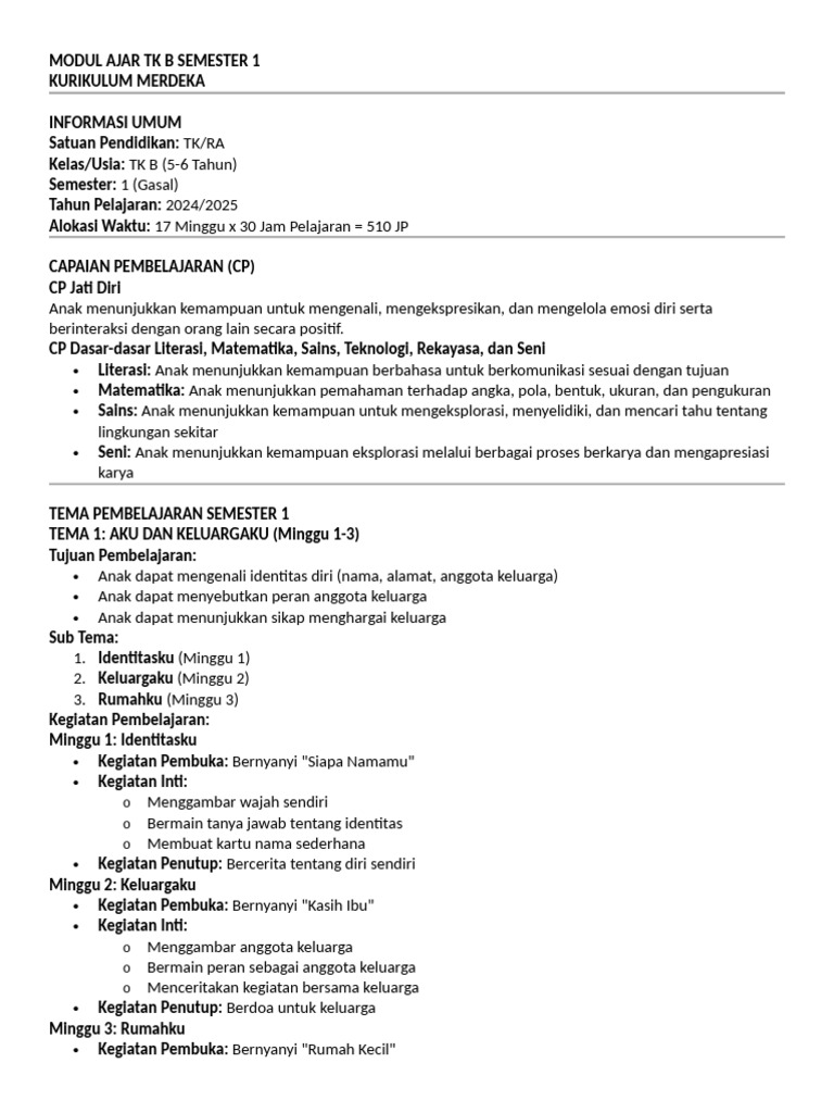 Modul Ajar TK B Kurikulum Merdeka | PDF