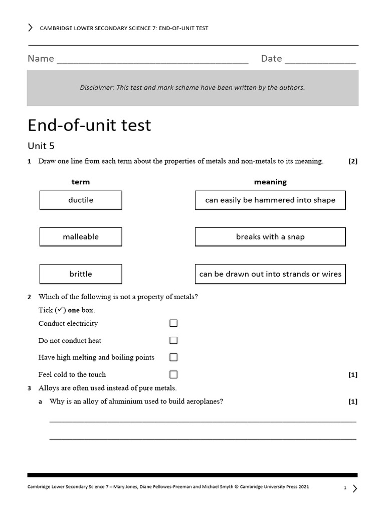 Cambridge Science 7 Unit Test Guide | PDF | Metals | Alloy