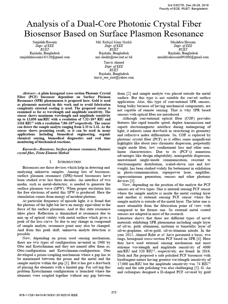 Analysis of A Dual-Core Photonic Crystal Fiber Biosensor Based On Surface Plasmon Resonance ...